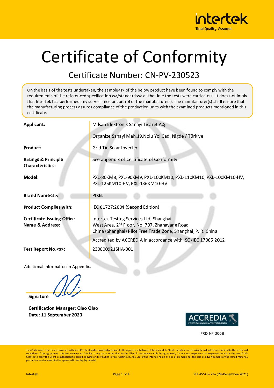 Sertifikalar - Pixel Solar Inverter